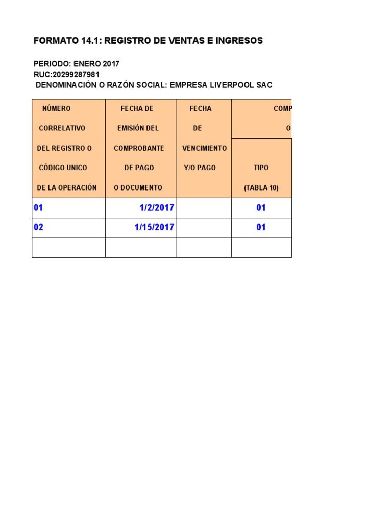 Formato 14.1 Registro de Ventas | PDF