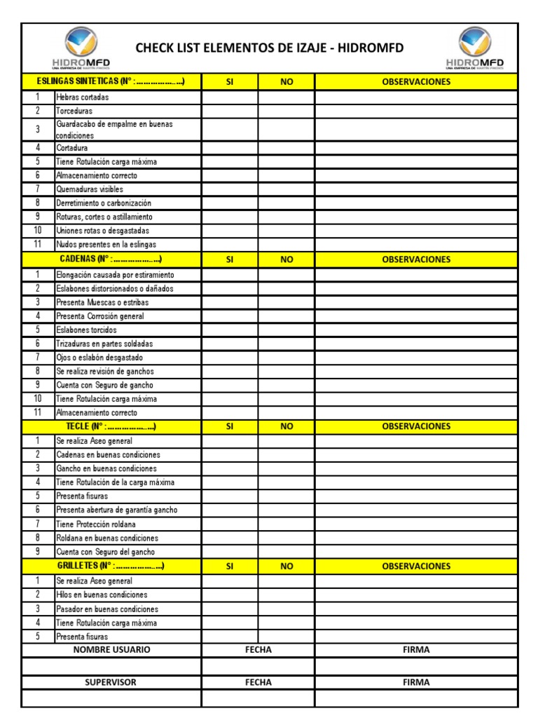 Check List Eslingas y Grilletes | PDF