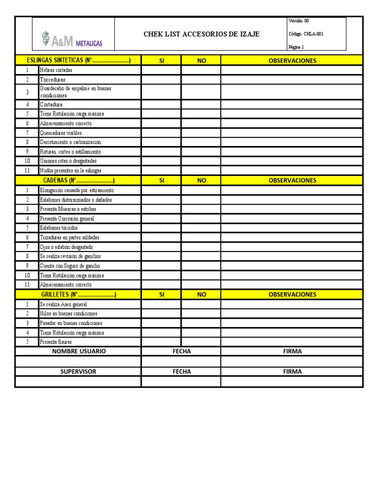Check List Eslingas y Grilletes 1 | PDF