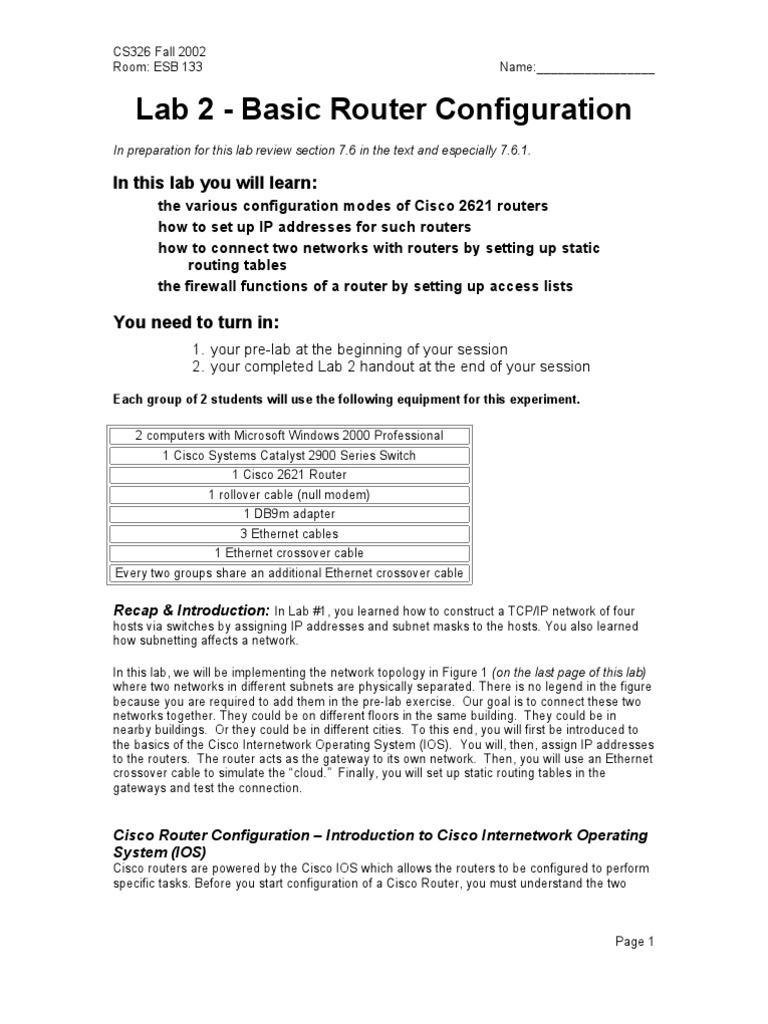 Lab 2 Basic Router Configuration In This Lab You Will Learn Pdf