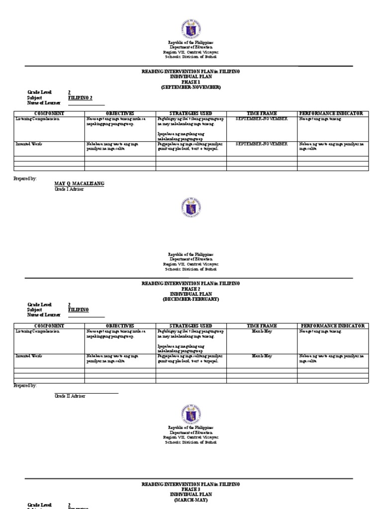 Filipino Reading Intervention Plan | PDF