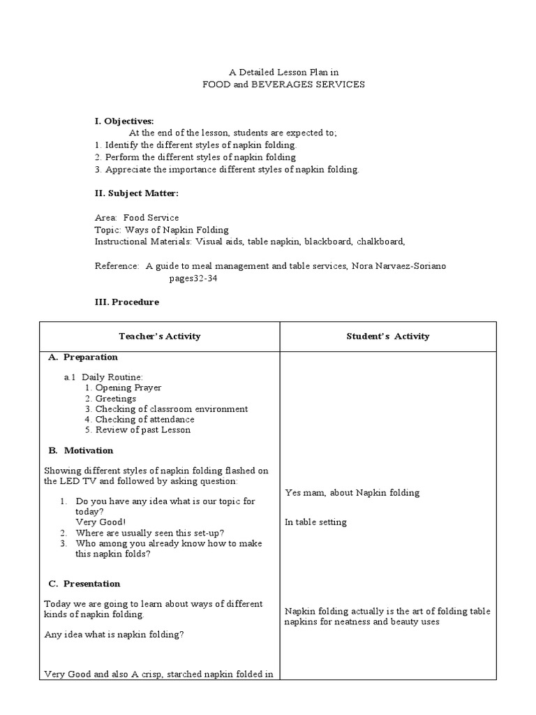 Detailed Napkin Folding Lesson Plan | PDF | Lesson Plan