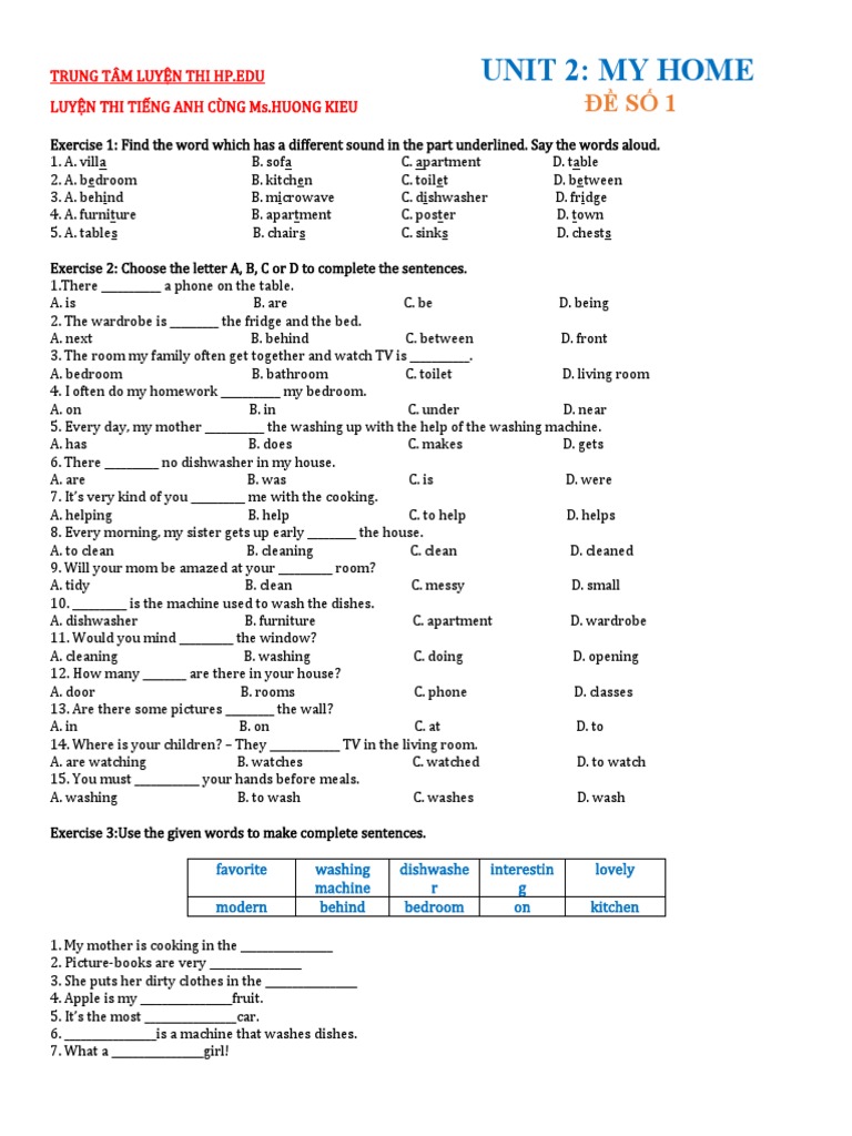 E6 UNIT-2 ĐỀ-1 | PDF | Room | Dishwasher