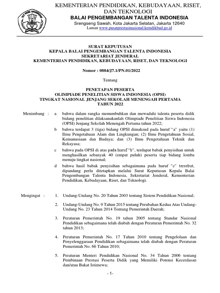 SK Penetapan Peserta Opsi SMP Tingkat Nasional | PDF