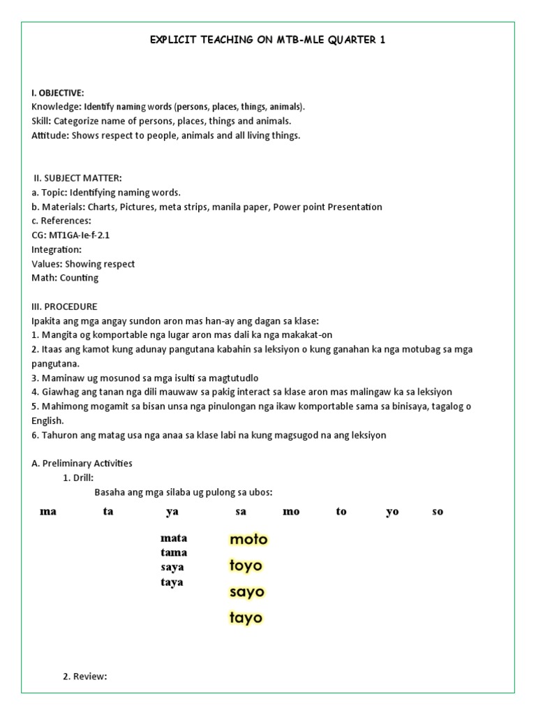 Lesson Plan MTB Q1 | PDF