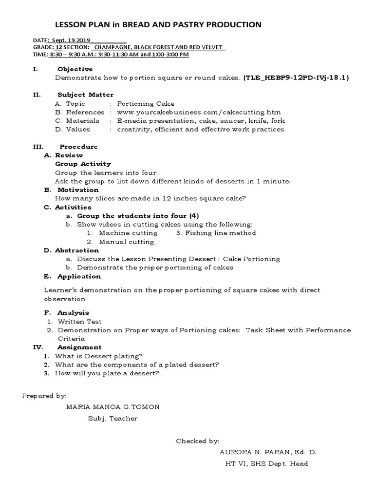 BPP-lesson Plan PORTION CONTROL | PDF | Cakes | Lesson Plan