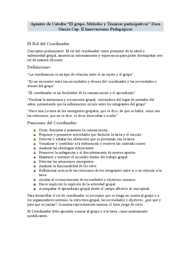 Apuntes de Catedra Rol Del Coordinador, Dora Garcia | PDF | Aprendizaje ... Apuntes de Catedra Rol Del Coordinador, Dora Garcia | PDF | Aprendizaje ...