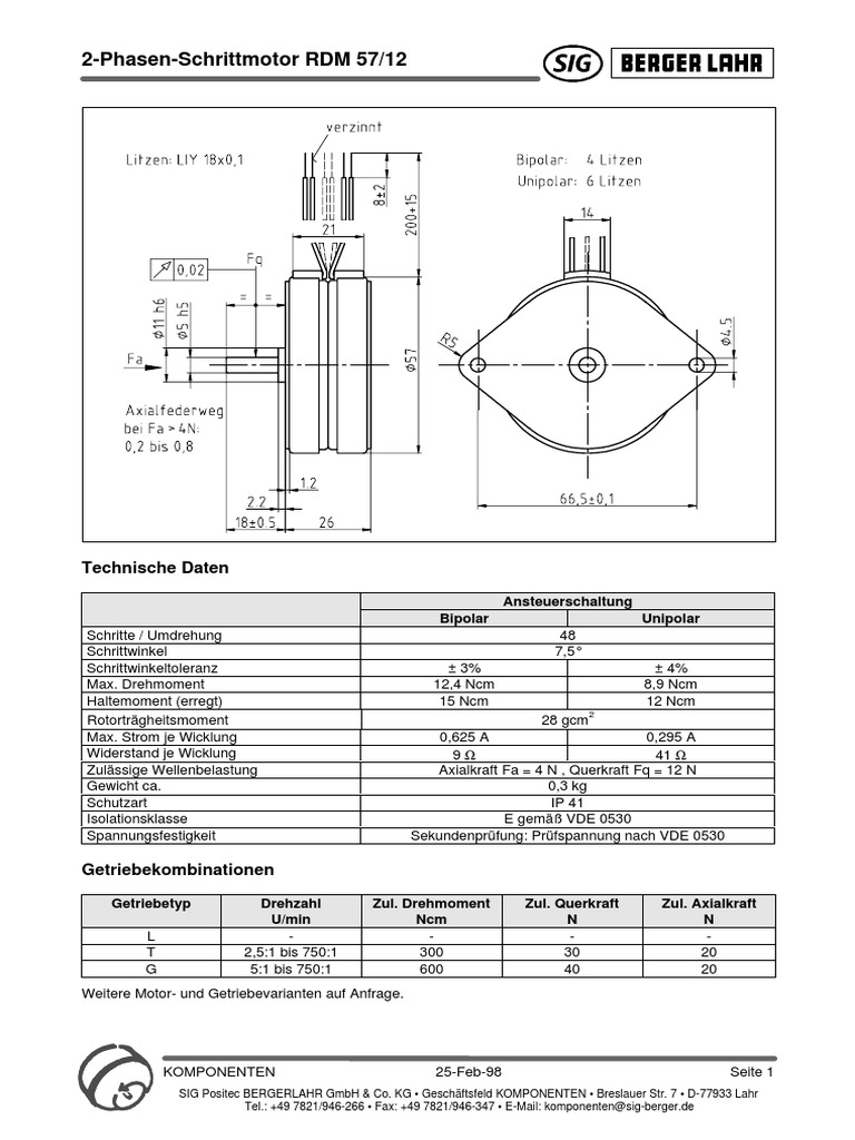 Berger Lahr RDM 57 Stepper Motor Tech Spec (GERMAN) | PDF
