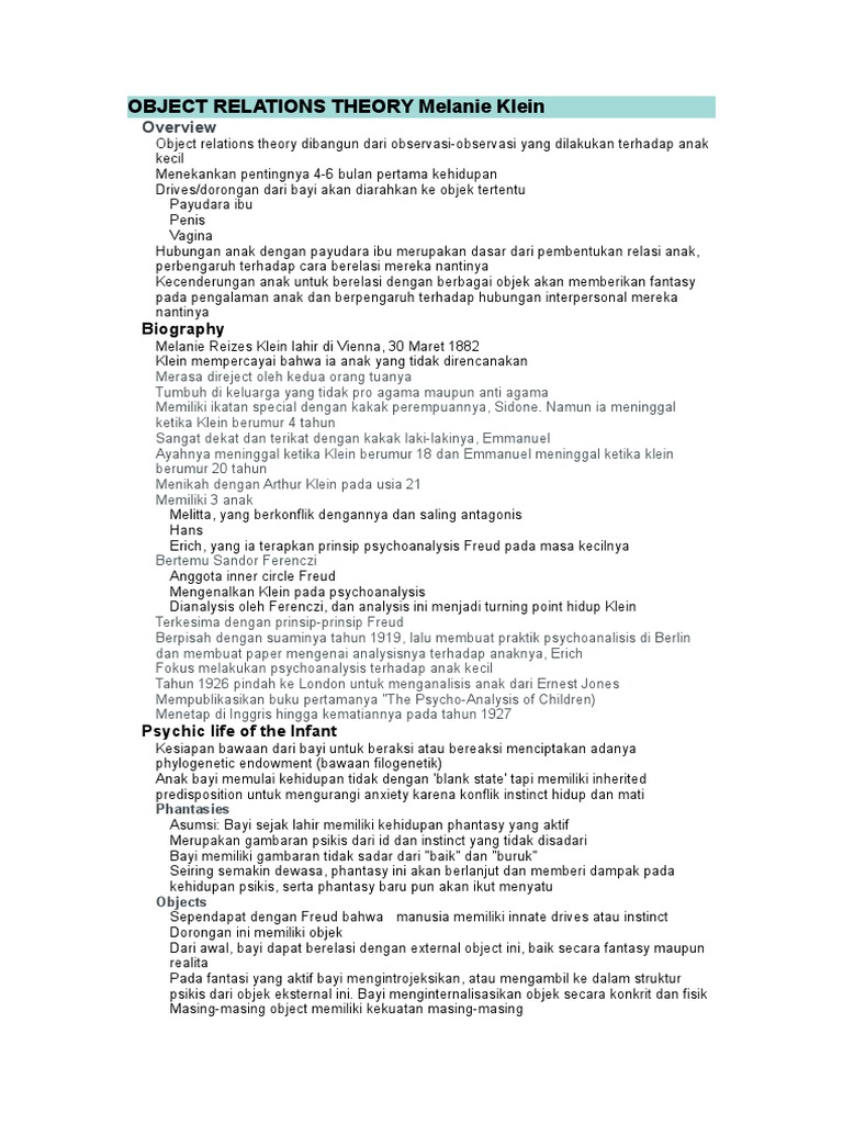 Object Relations Theory Melanie Klein Pdf Pengembangan Diri