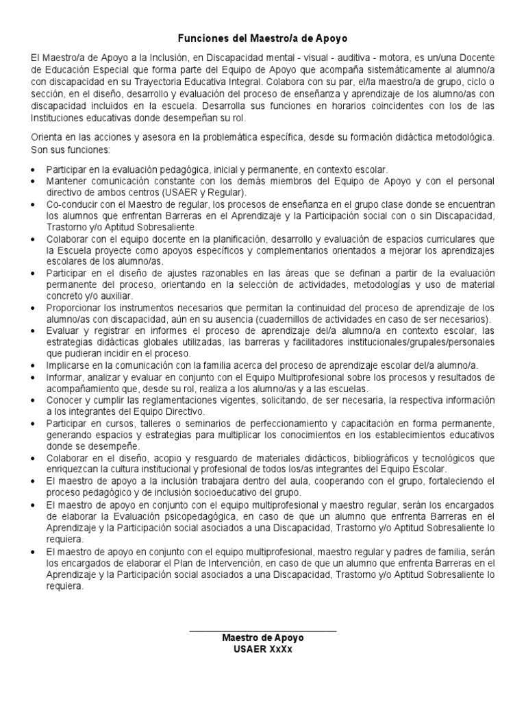 Funciones Del Maestro de Apoyo!! | PDF | Evaluación | Inclusión (Educación)