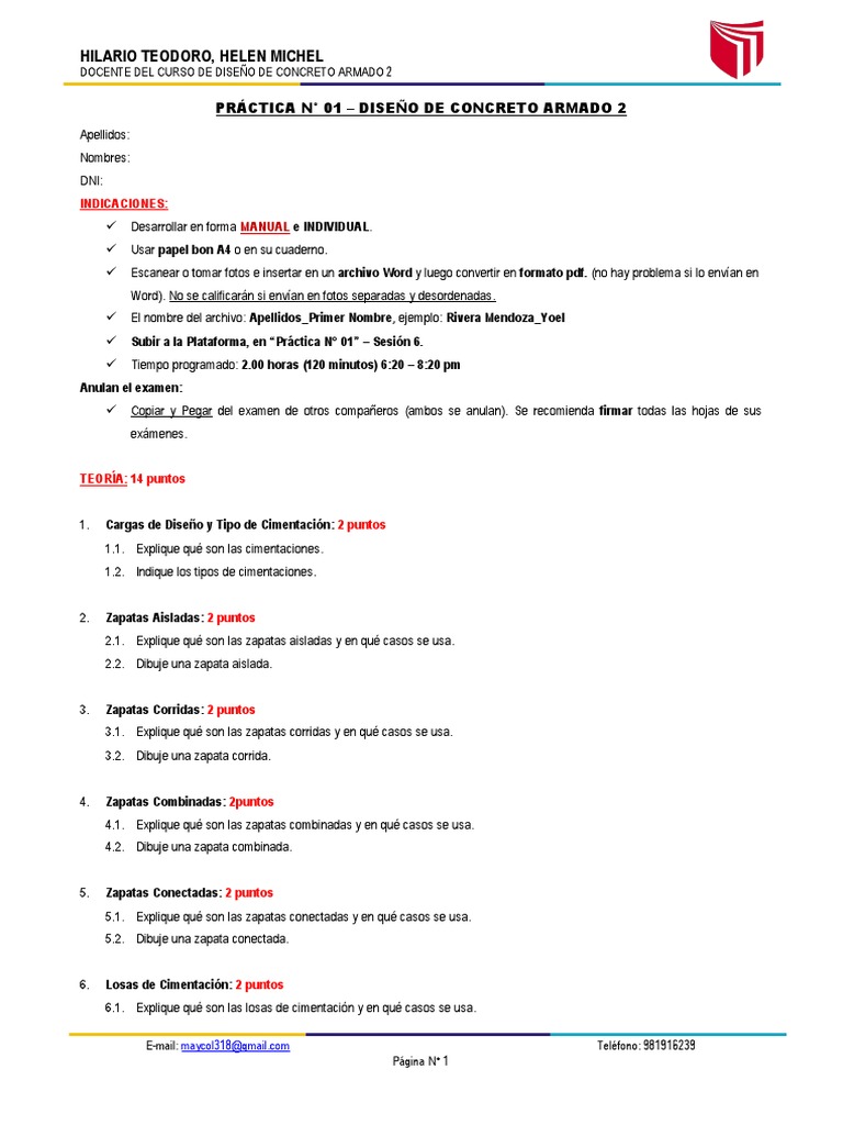 Práctica #01 - Concreto Armado 2 | PDF | Fundación (Ingeniería) | Elementos arquitectónicos
