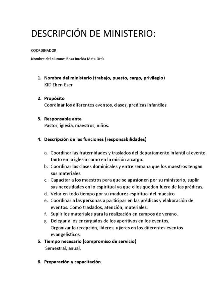 Descripcion Del Puesto PASTOR DE NIÑOS Rosa Imelda Mata Ortiz | PDF