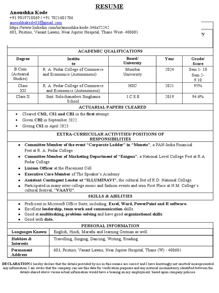 Anoushka Kode Resume | PDF | Cognition | Learning