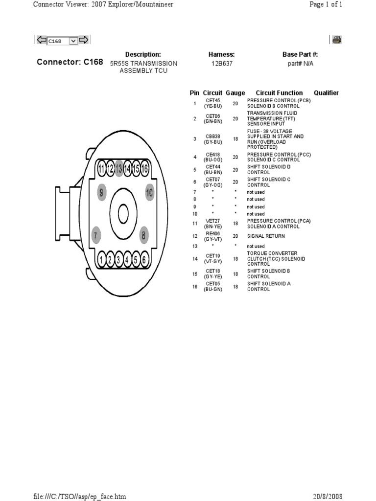 Descripción del conector C168 para la transmisión automática 5R55S | PDF