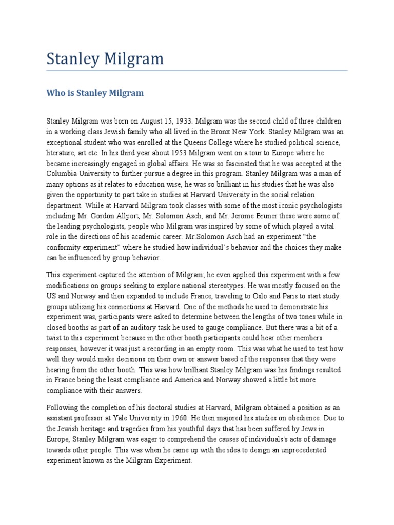 Stanley Milgram Case Study | PDF | Obedience (Human Behavior) | Psychology