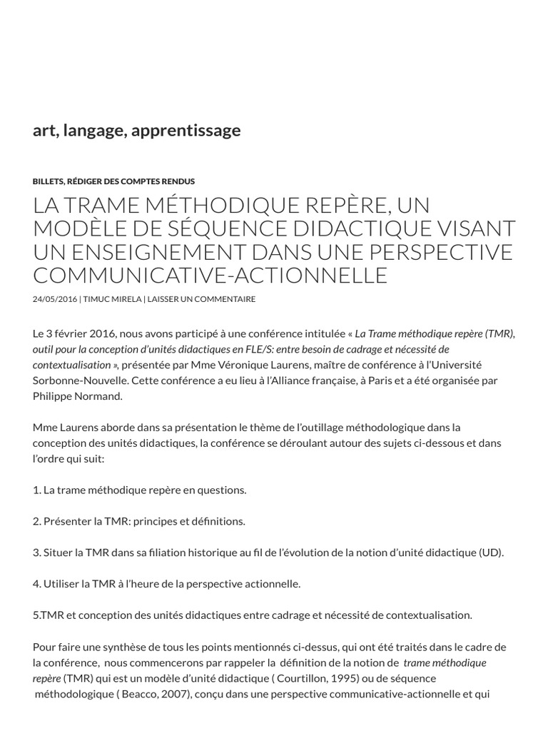 La Trame Méthodique Repère, Un Modèle de Séquence Didactique Visant Un ...