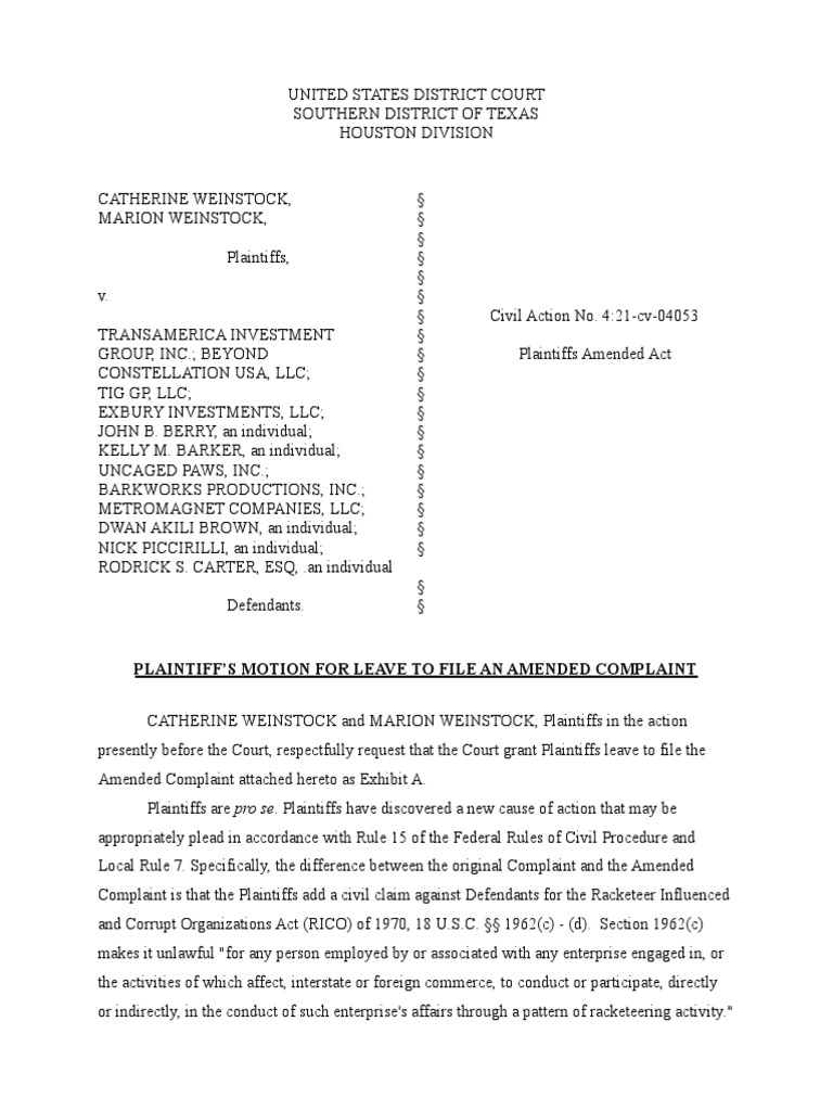 Weinstock Move To Amend Petition - Kelly Barker, John Berry, Dwan Brown ...