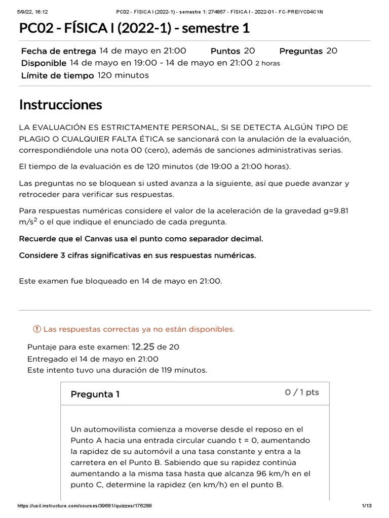 PC02 - FÍSICA I (2022-1) - Semestre 1 - 274857 - FÍSICA I - 2022-01 - FC-PREIYC04C1N | PDF ...