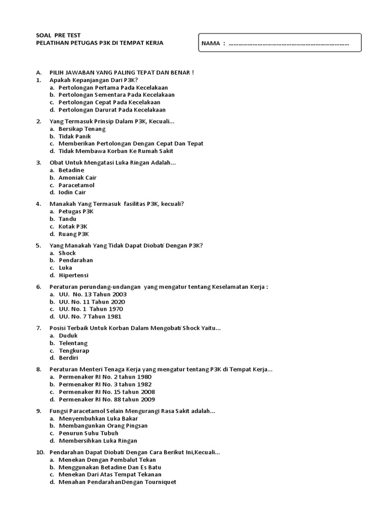 SOAL PRE Dan POST TEST Petugas P3K Di Tempat Kerja | PDF