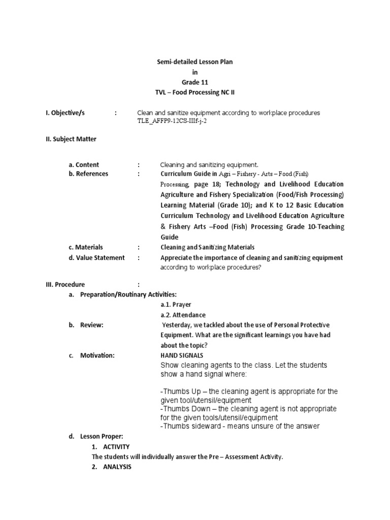 Semi-Detailed Lesson Plan in TVL Food Processing NCII | PDF | Lesson ...