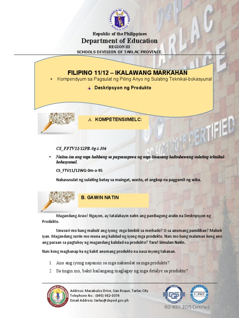 UNANG LINGGO Deskripsyon NG Produkto | PDF