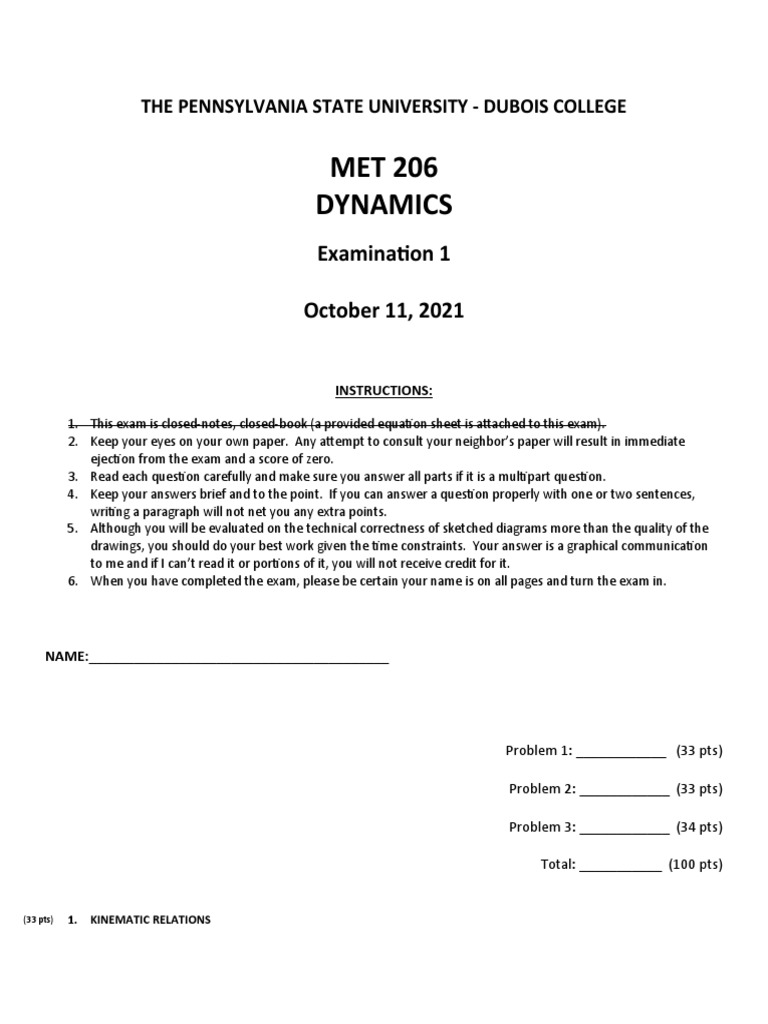 Dynamics Exam 1: Kinematic Relations, Rectilinear Motion, and Angular Motion | PDF | Speed ...