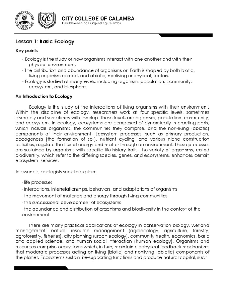 Lesson 1 Basic Ecology | PDF | Ecology | Ecosystem