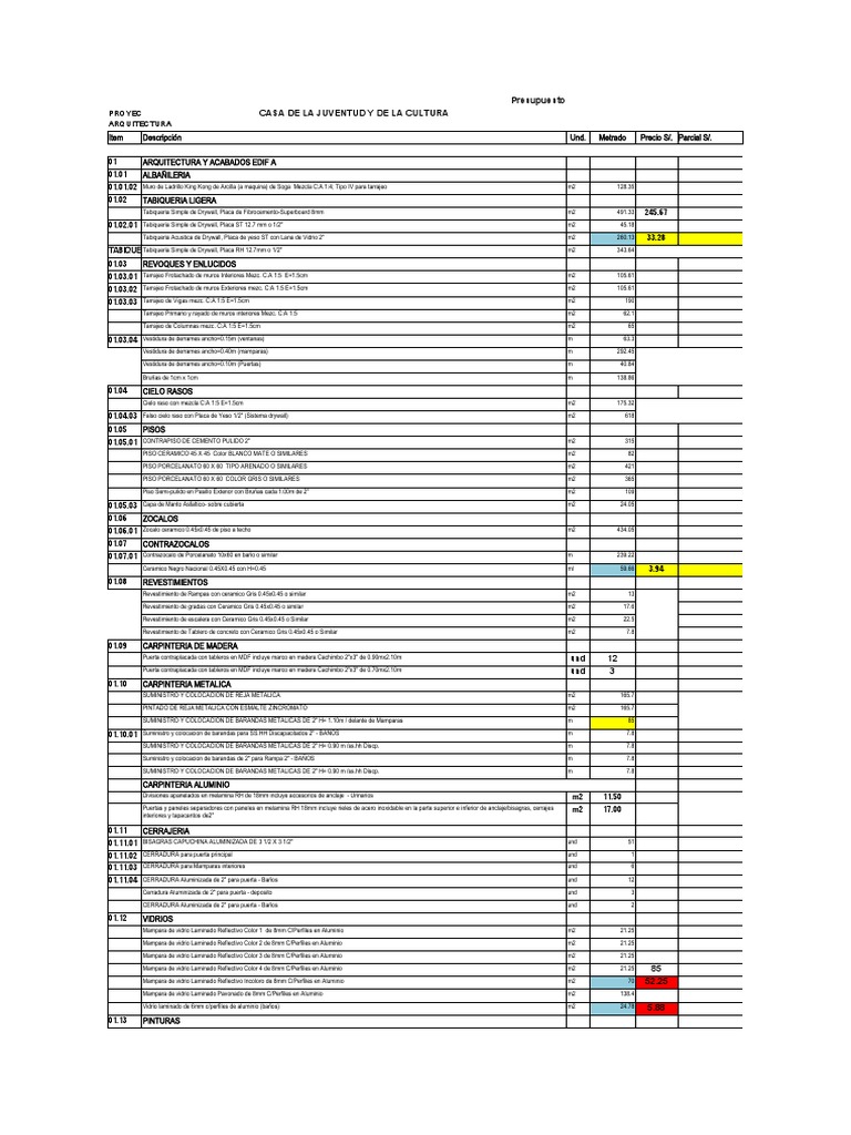 X PRESUPUESTO ARQUITECTURA CASA CULTURA FINAL 26 04 2019 | Download grátis PDF | edificio ...