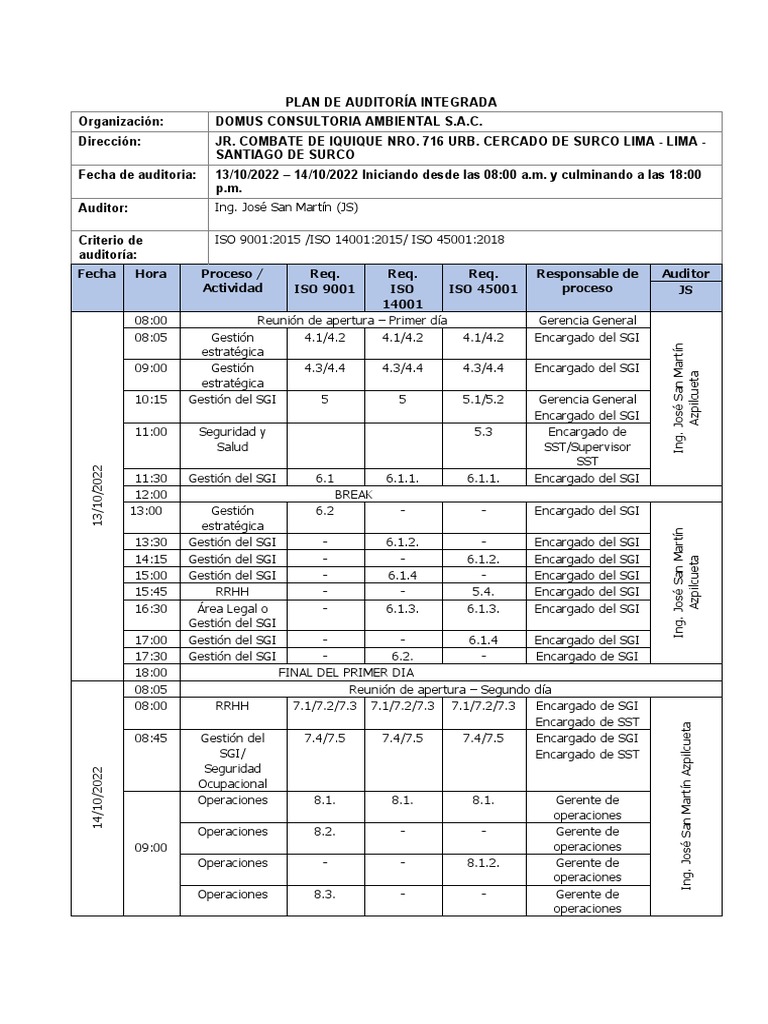 Plan de Auditoria Gestión Integrada | Descargar gratis PDF | Business