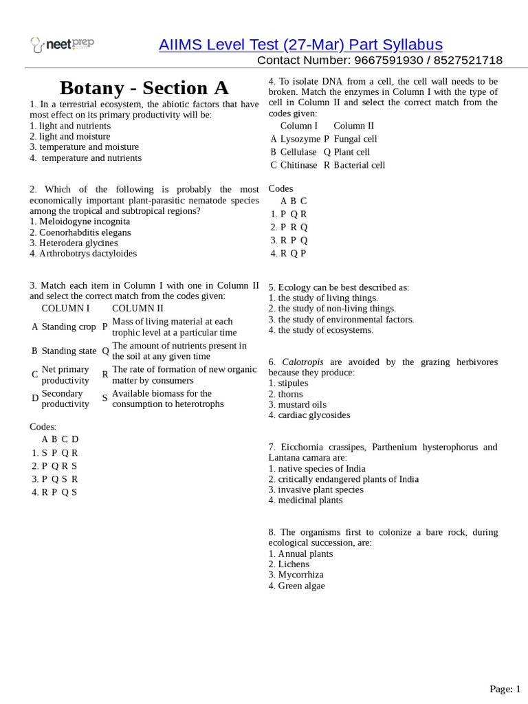 Botany - Section A: AIIMS Level Test (27-Mar) Part Syllabus | PDF ...