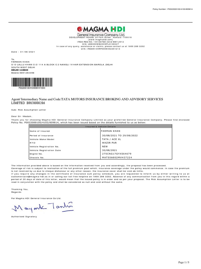 Agent/ Intermediary Name and Code:Tata Motors Insurance Broking and ...