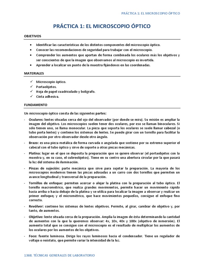 Práctica 1 - El Microscopio Óptico | PDF | Óptica | Lente de la cámara