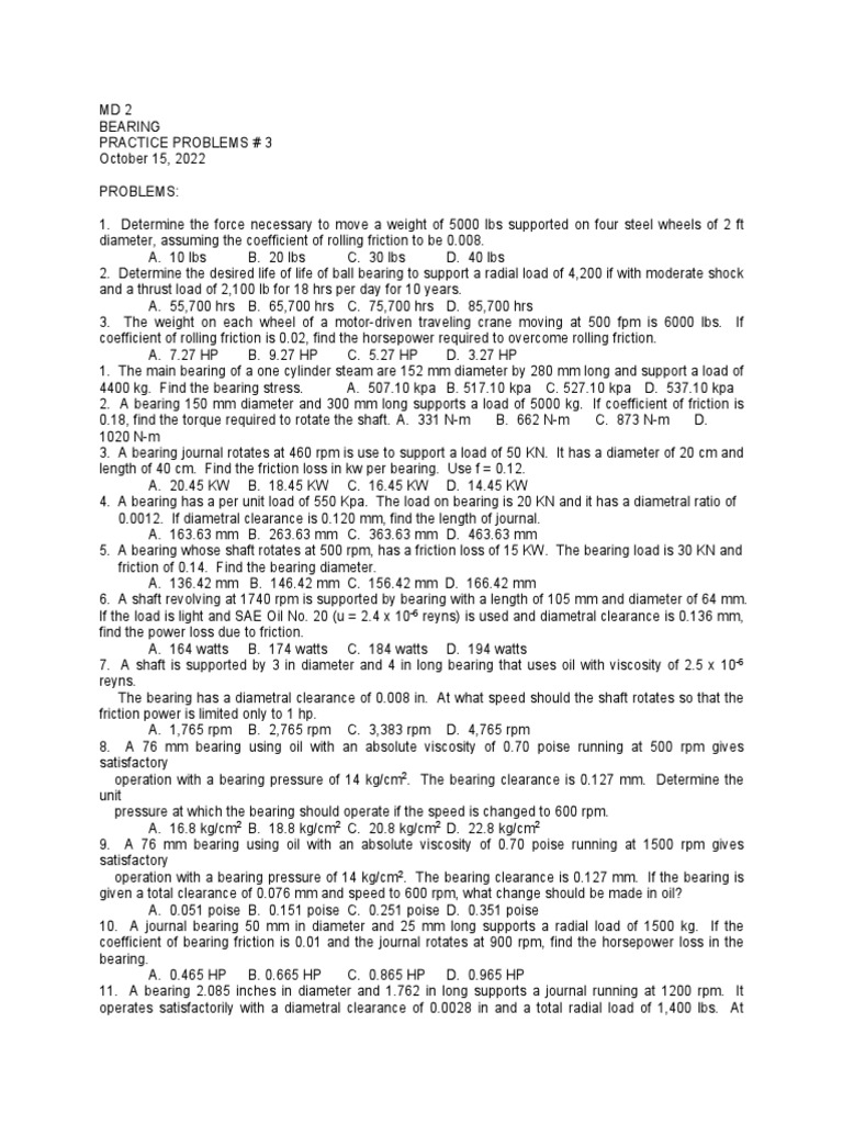 MD2 Practice Problem | PDF | Horsepower | Bearing (Mechanical)