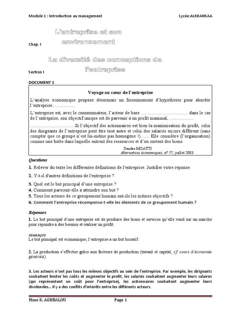 Chap 1 Définitions de L'entreprise Doc Prof | PDF