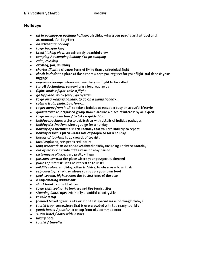 VOCAB LIST Topic 1 Holidays | PDF | Tourism | Transport