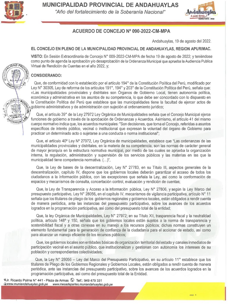 Acuerdo de Consejo Nro 090-2022-Cm-Mpa | PDF Acuerdo de Consejo Nro 090-2022-Cm-Mpa | PDF