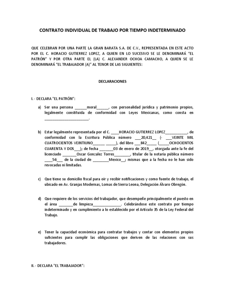 Contrato Laboral Indeterminado México | PDF | Salario | Tiempo de trabajo