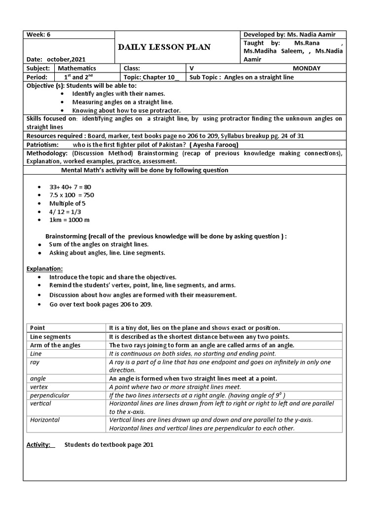 Maths Lesson Planning Class 5 Week 6 | PDF | Angle | Line (Geometry)