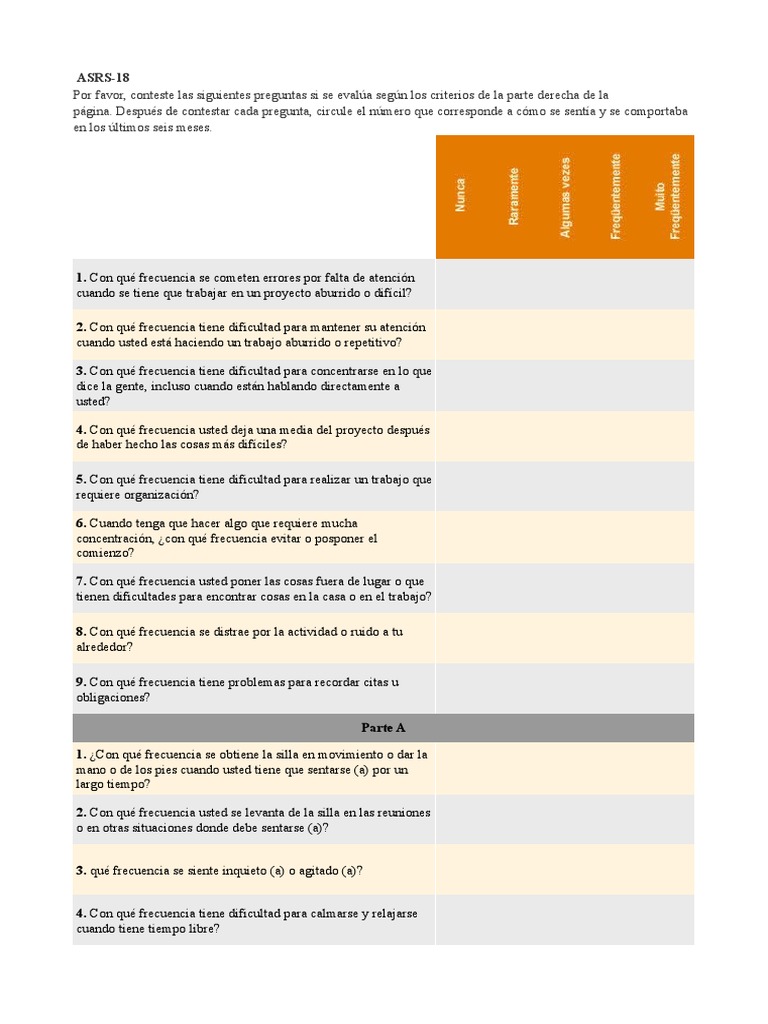 Cuestionario ASRS-18 para TDAH | PDF | Desorden hiperactivo y deficit ...