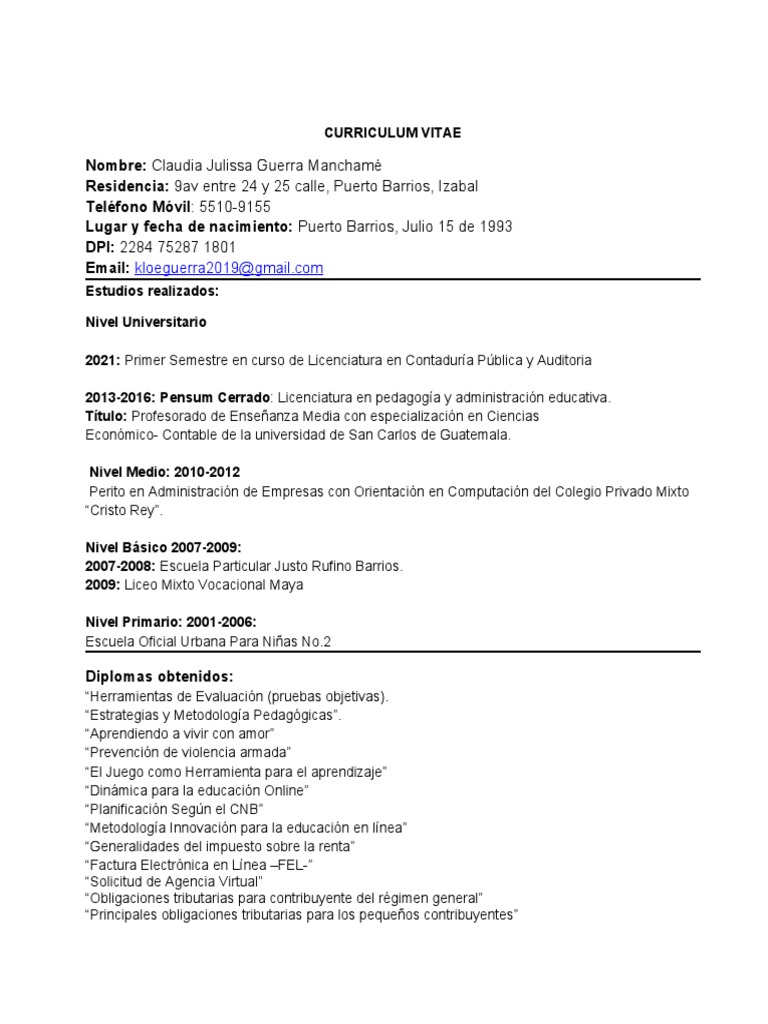 Currículum Vitae de Claudia Guerra Manchamé | PDF | Plan de estudios | Método de enseñanza