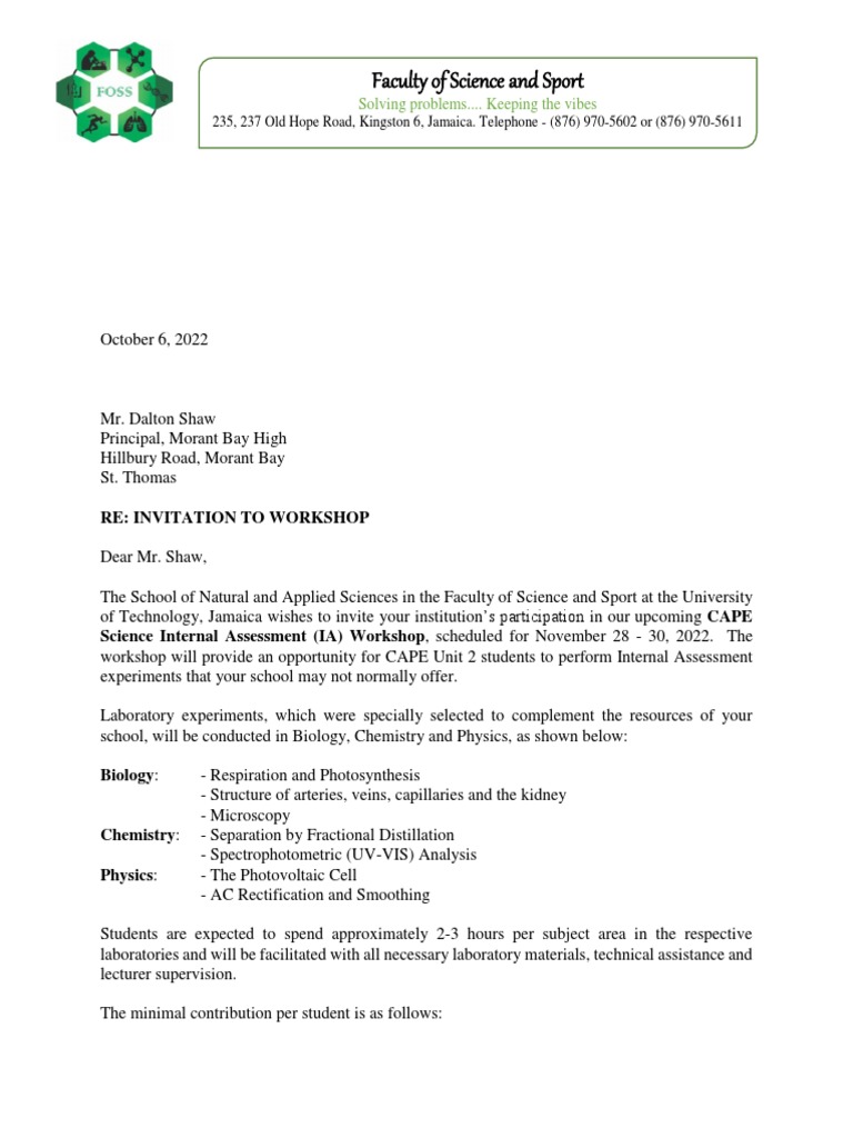 CAPE Workshop Invitation Letter - Nov 2022 - Morant Bay High School ...