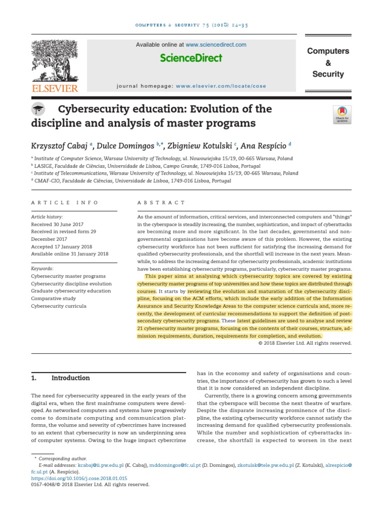 Cabaj Et Al (2018) Cybersecurity Education - Evolution of The Discipline and Analysis of Master ...