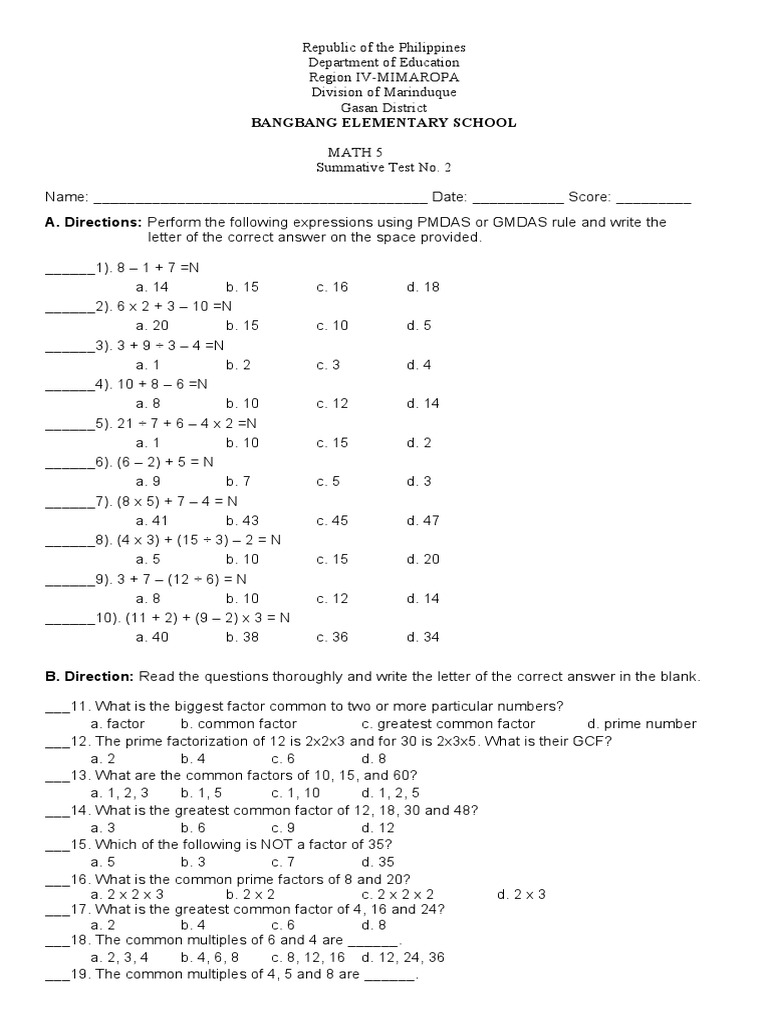 Q1 ST 2 GR.5 Math With Tos | PDF | Arithmetic | Abstract Algebra