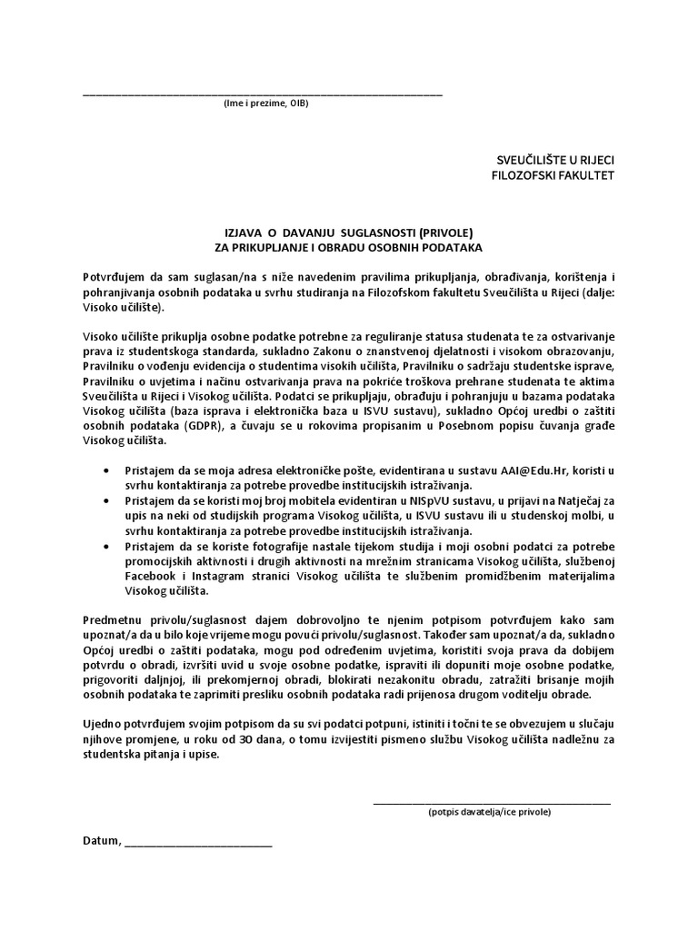 Izjava o Davanju Suglasnosti | PDF