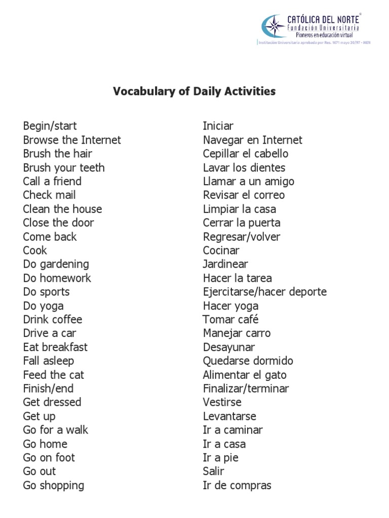 Vocabulario de Rutinas Diarias | PDF | Artes del Lenguaje y Comunicación