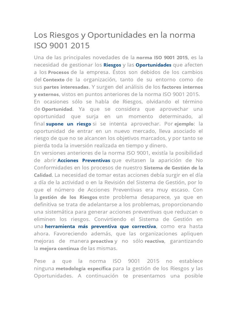 Los Riesgos y Oportunidades en La Norma ISO 9001 2015 | PDF | Riesgo ... Los Riesgos y Oportunidades en La Norma ISO 9001 2015 | PDF | Riesgo ...