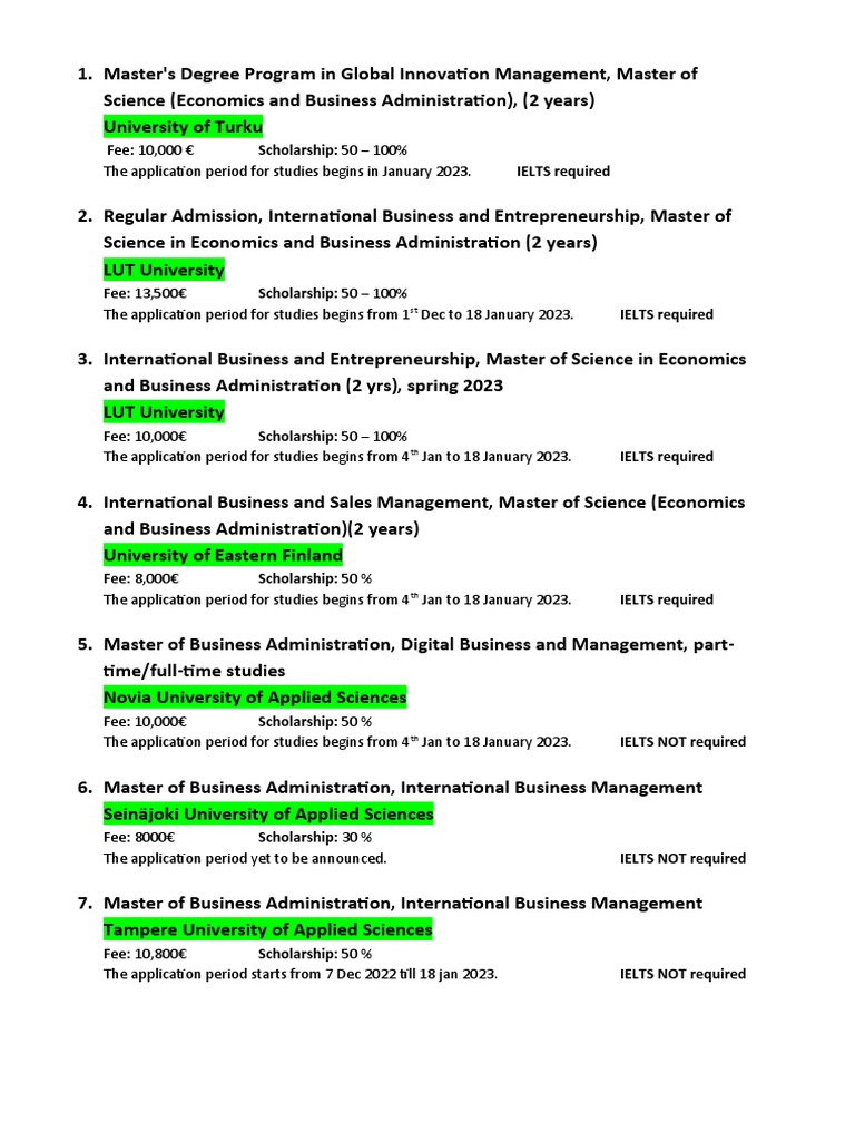 Universities For Business in Finland | PDF | Master Of Business ...