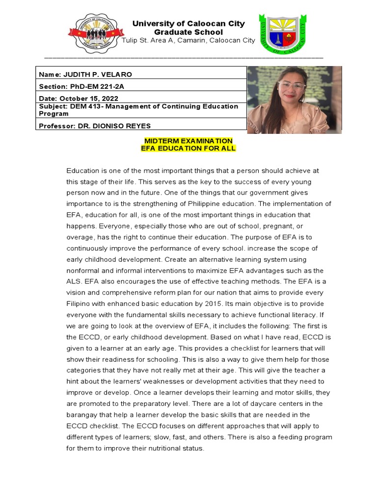 EFA Education for All: Philippine Overview | PDF | Learning | Schools