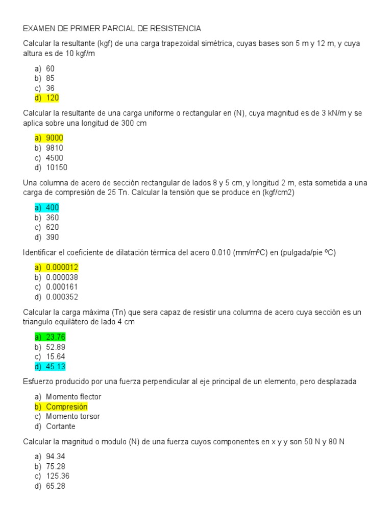 Examen de Primer Parcial de Resistencia | PDF | Resistencia de materiales | Mecánica de sólidos