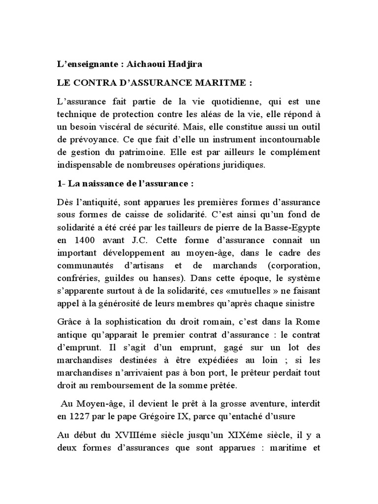Le Contrat D'assurance Maritime 2022 | PDF